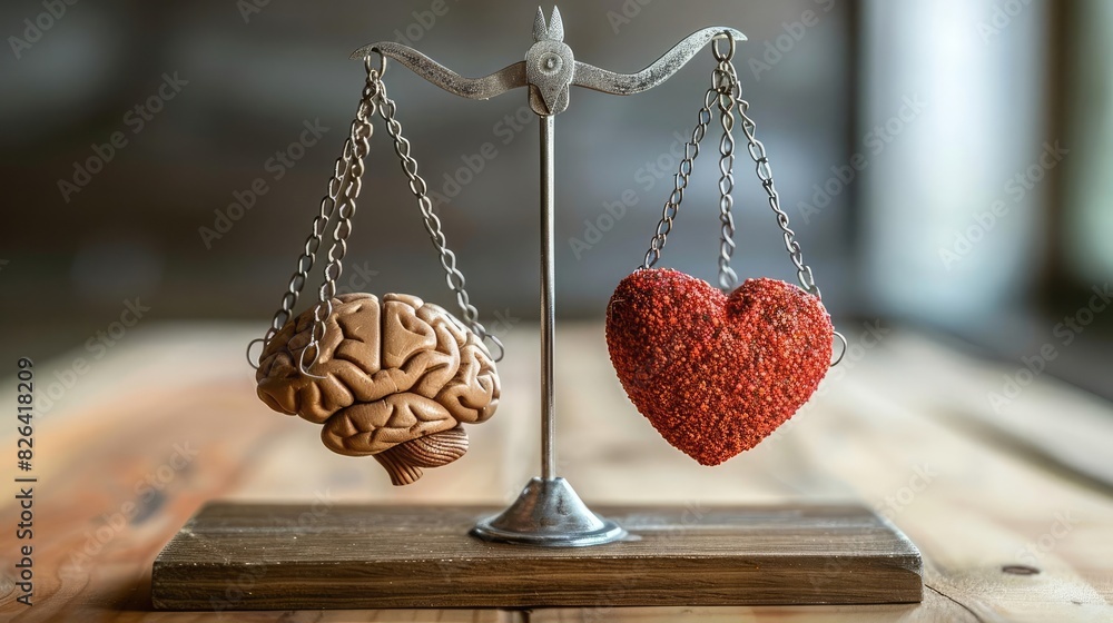 Shot of a balance scale weighing a heart and a brain, symbolizing the ...