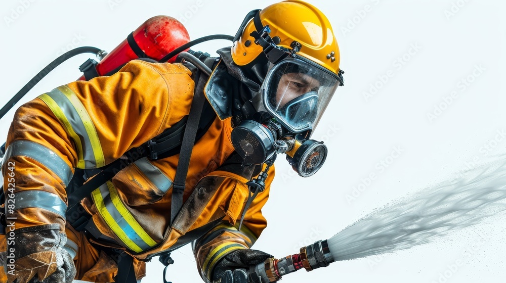 Firefighter in full gear, holding a hose and ready to battle a fire ...