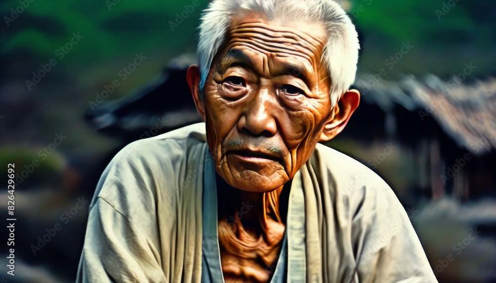 An elderly Asian man in traditional dress looks thoughtfully towards ...
