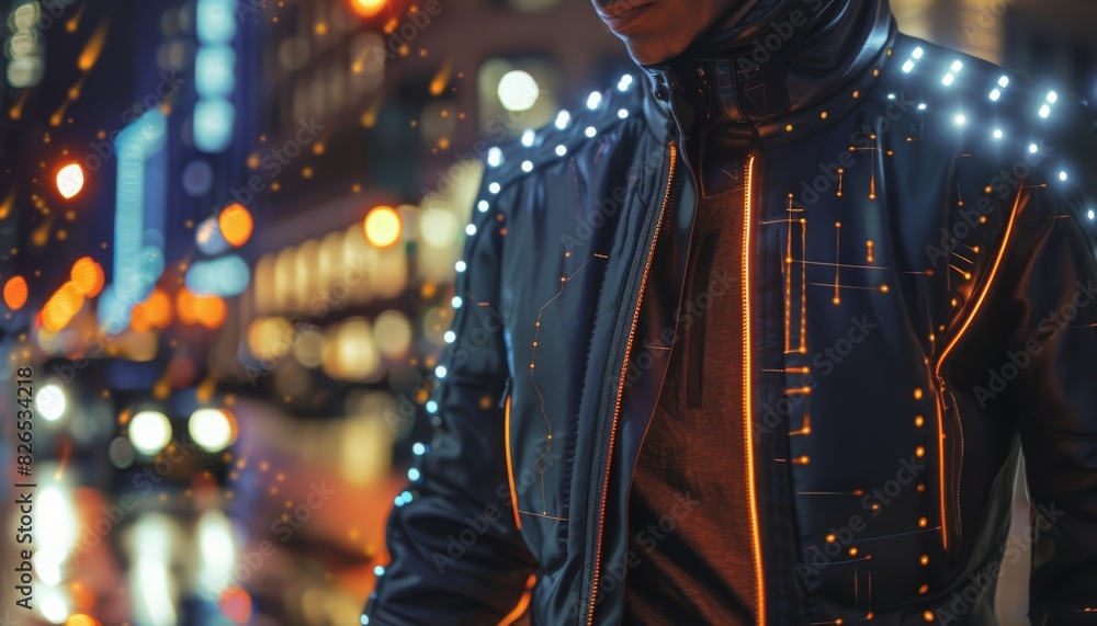 Design a futuristic, stylish smart jacket seamlessly integrating ...