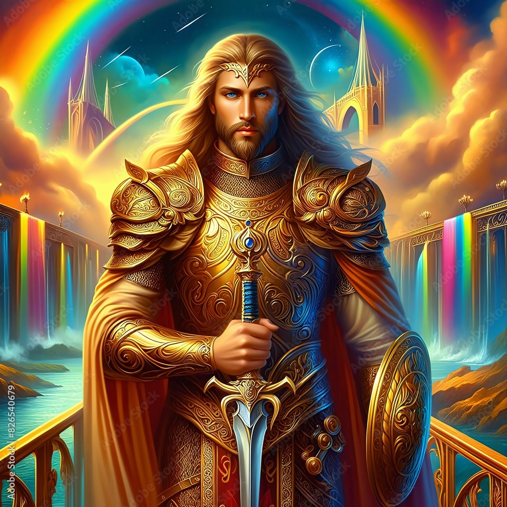 Heimdall, Guardian of Asgard and the Rainbow Bridge. Golden armor. He ...