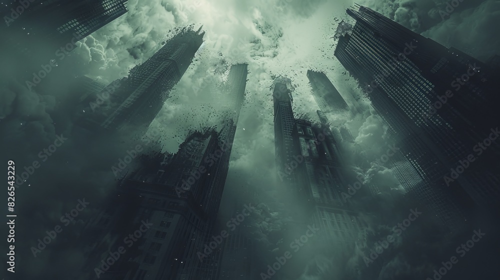 Metropolitan towers collapsing with a gloomy sky close up, focus on ...