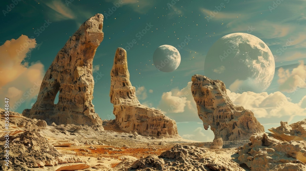 Surreal alien landscape with towering rock formations and multiple ...