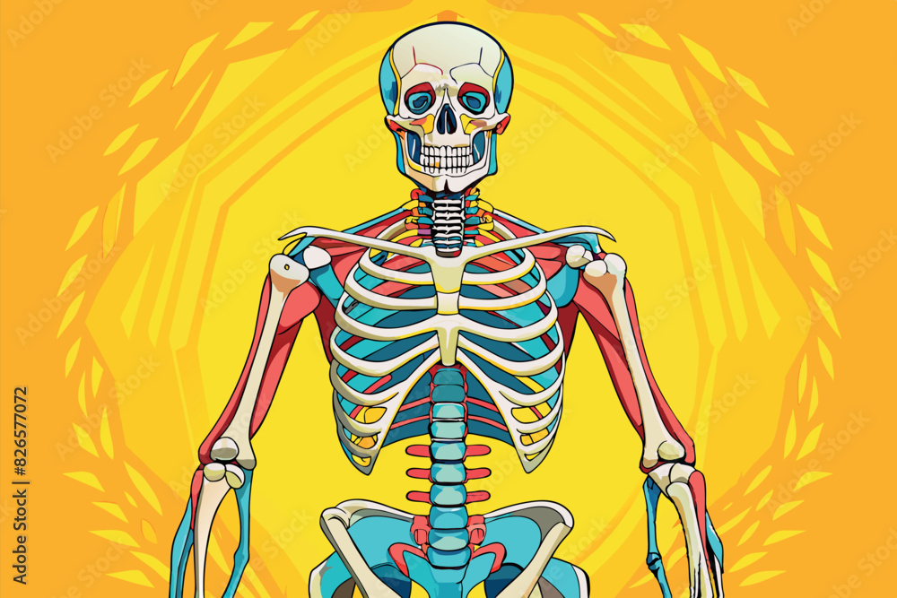 Illustration of a human skeleton on a yellow background. It is depicted ...
