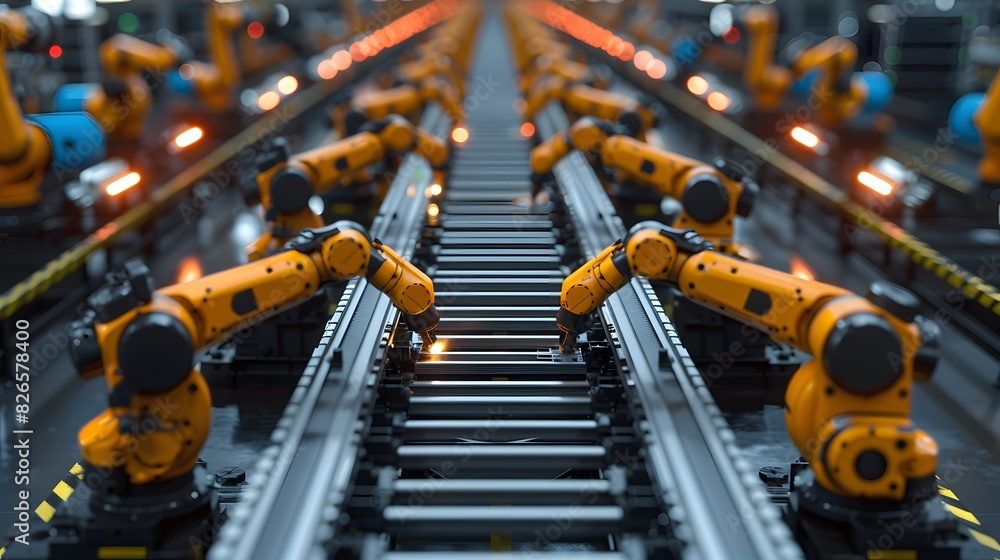 Automated robots welding car frames in an automotive manufacturing ...