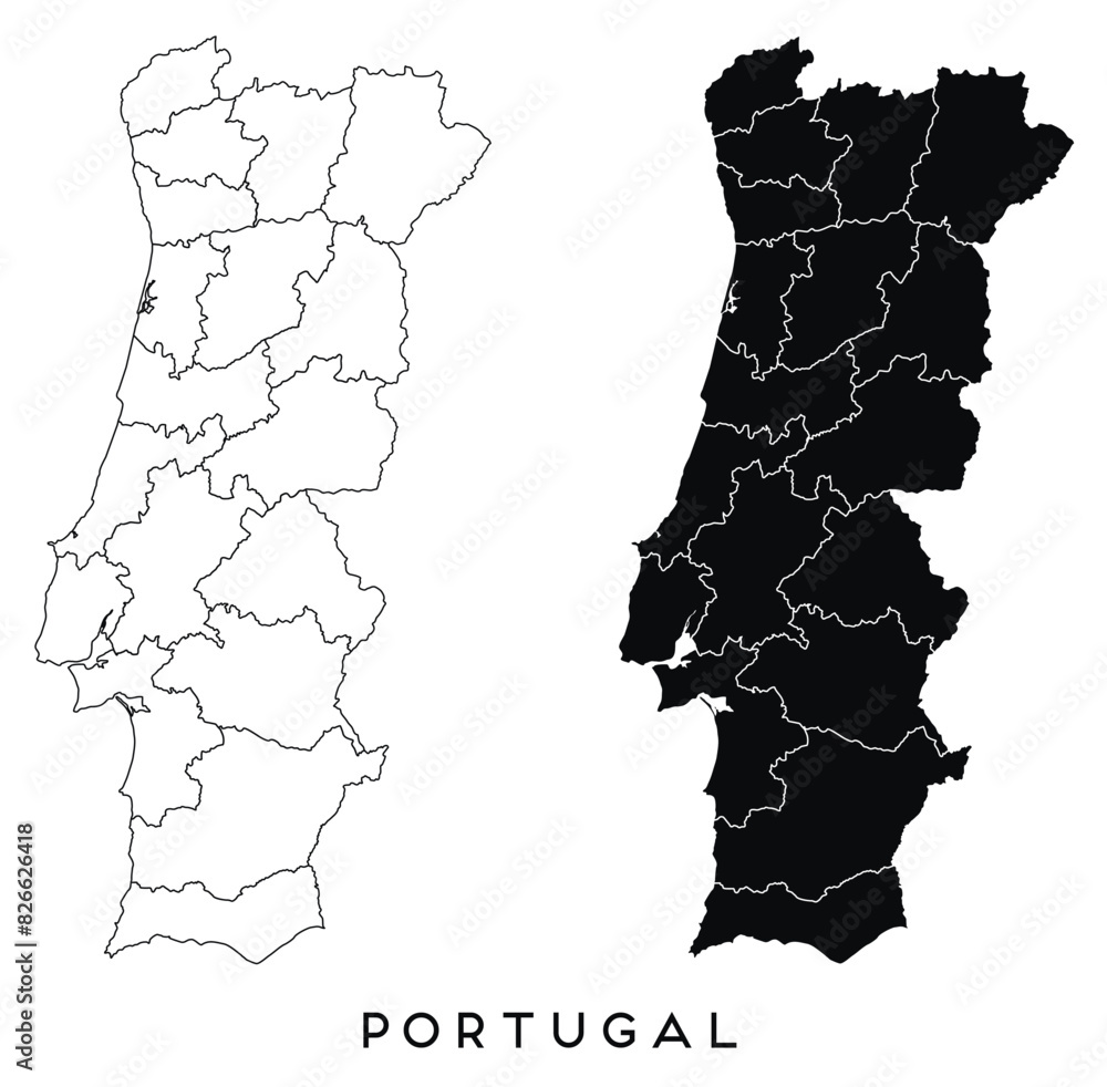 Portugal map of city regions districts vector black on white and ...