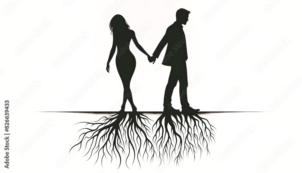 Silhouette of a couple holding hands, their roots intertwined beneath ...