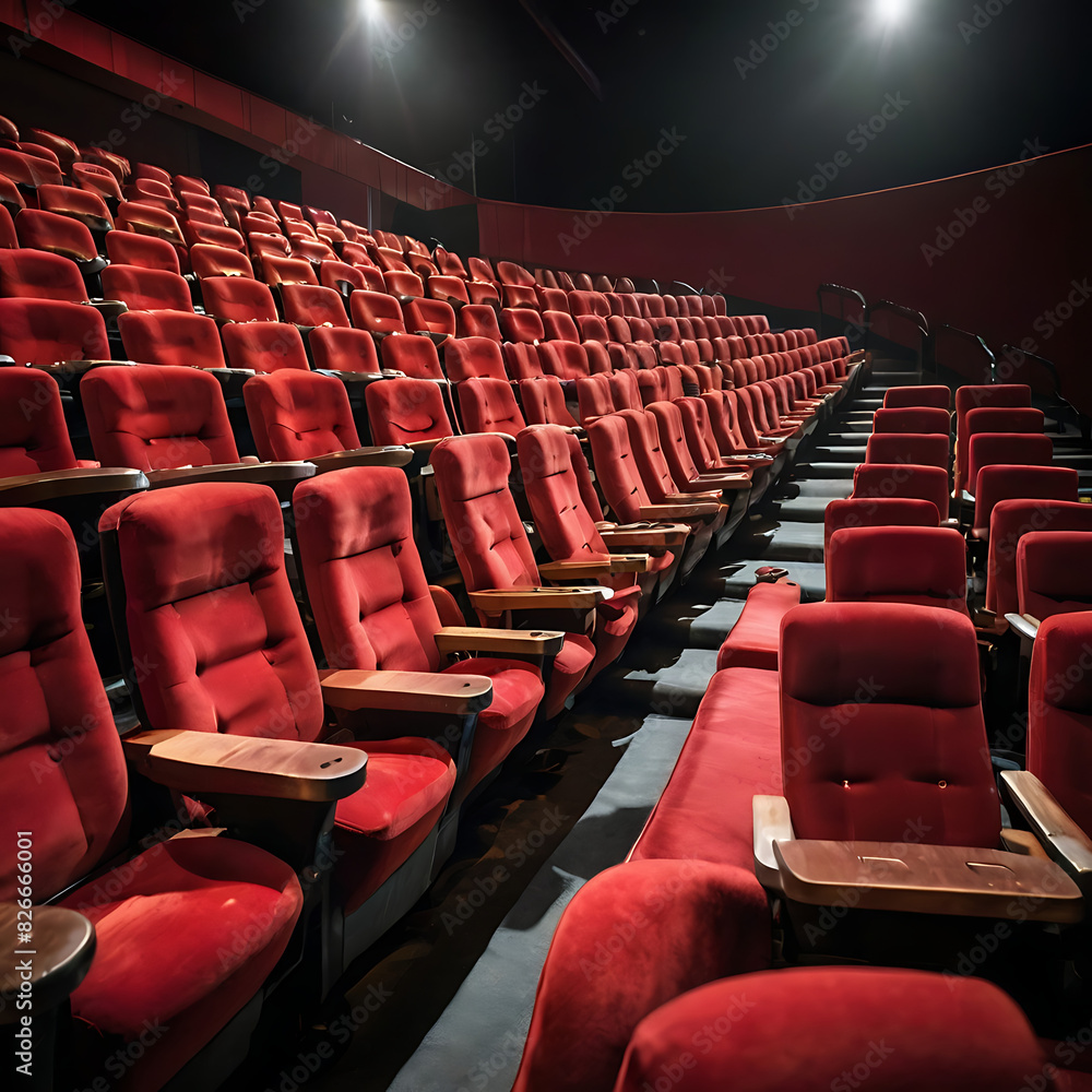 A Close up of multiple rows of red theatre seats at a cinema hall ...