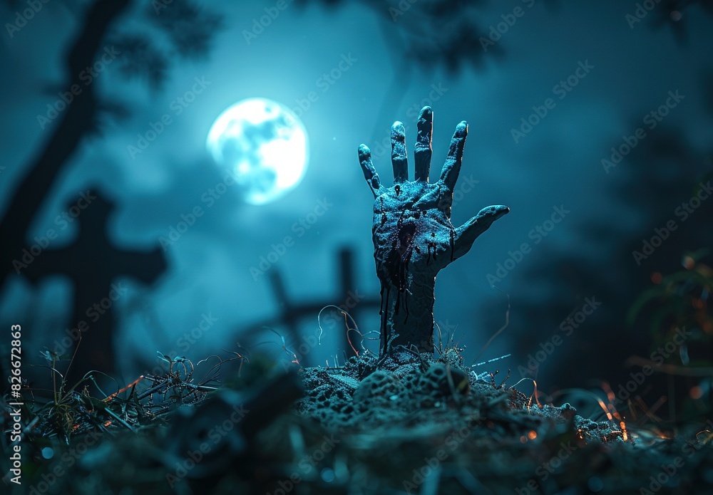 A Zombie Hand Rising from the Grave Under Moonlight with a Dark and ...