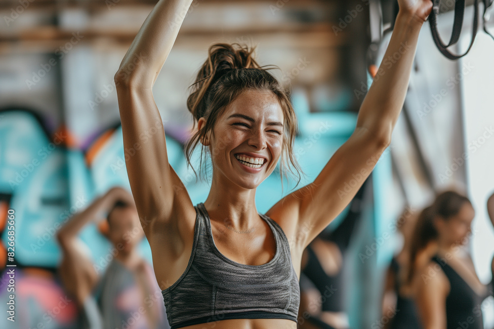 Cheerful female fitness coach, young fit American sports woman doing ...