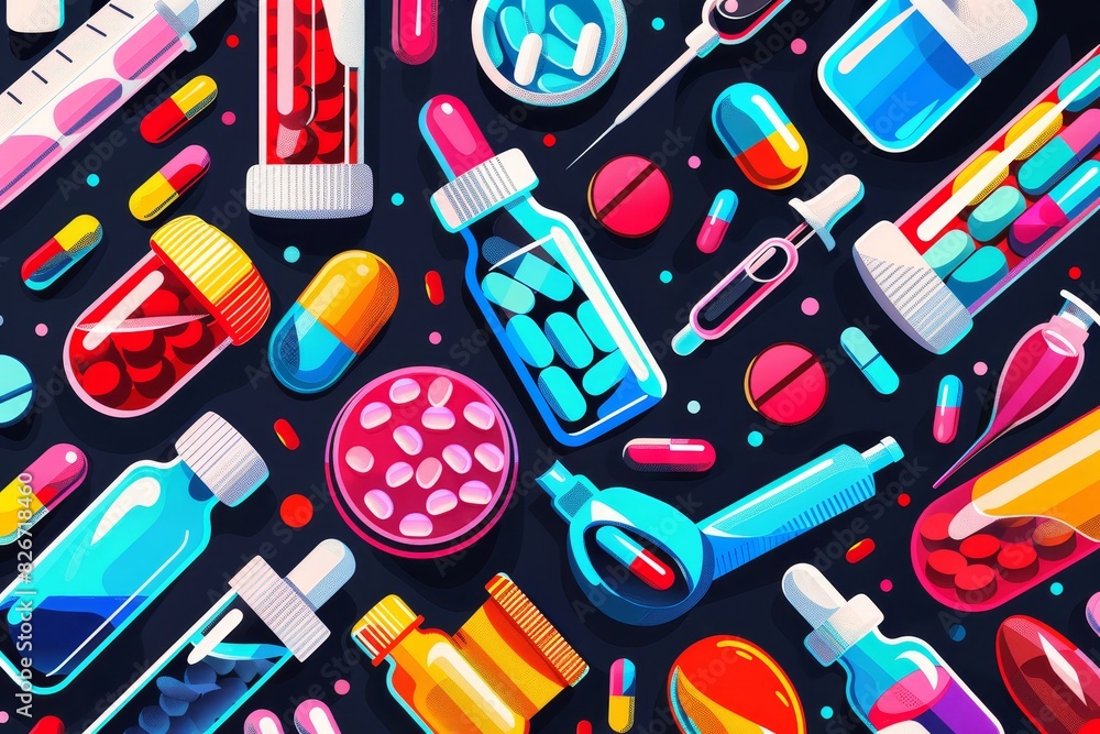Cartoon drawing of a range of liquid medications and droppers, top view ...