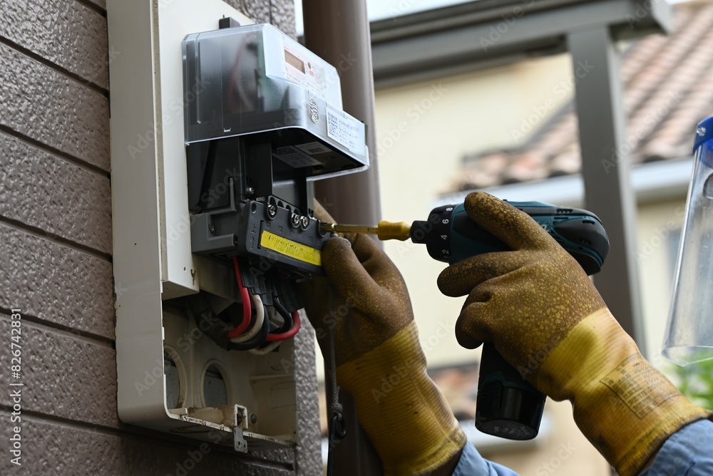 Electric meter replacement work. In Japan, electricity meters are ...