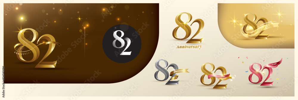 82nd anniversary logotype modern gold number with shiny ribbon ...