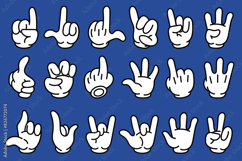 Set of cartoon hands in gloves. Retro style mascot hands. Rubber hose ...