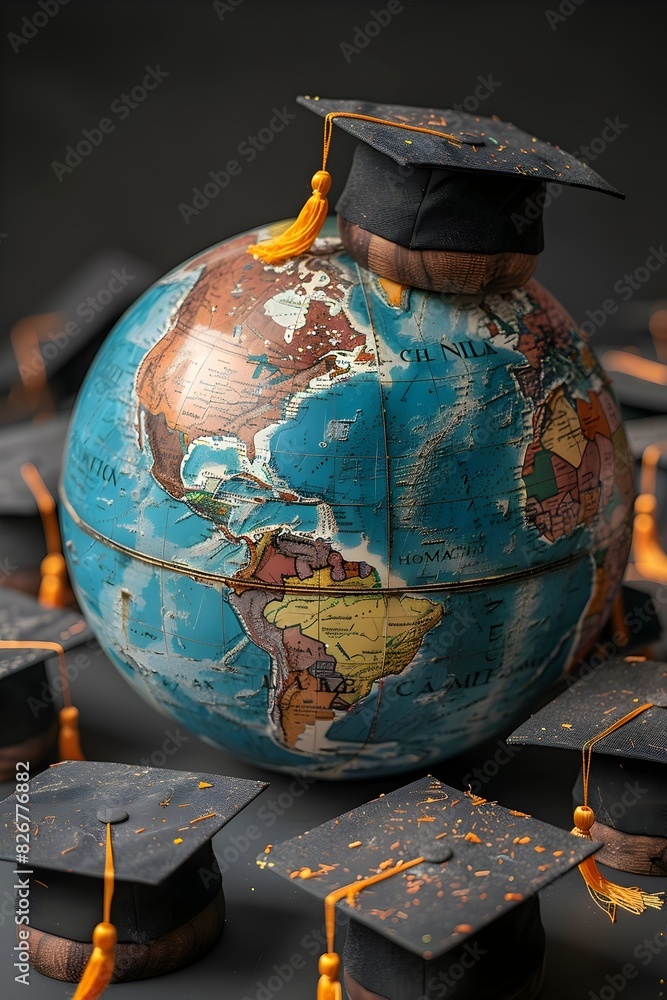 Graduation Caps Scattered on Giant Globe A Symbol of Global Education ...