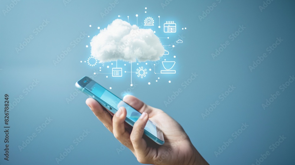 Secure Cloud Computing Hand Holding A Smartphone With Holographic Cloud Icons Depicting The