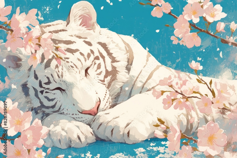 Beautiful illustration of serene white tiger resting peacefully under ...