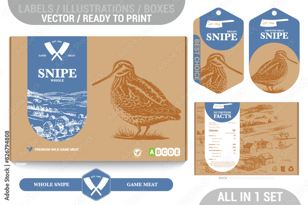 Snipe game meat packaging design set featuring detailed hand drawn ...