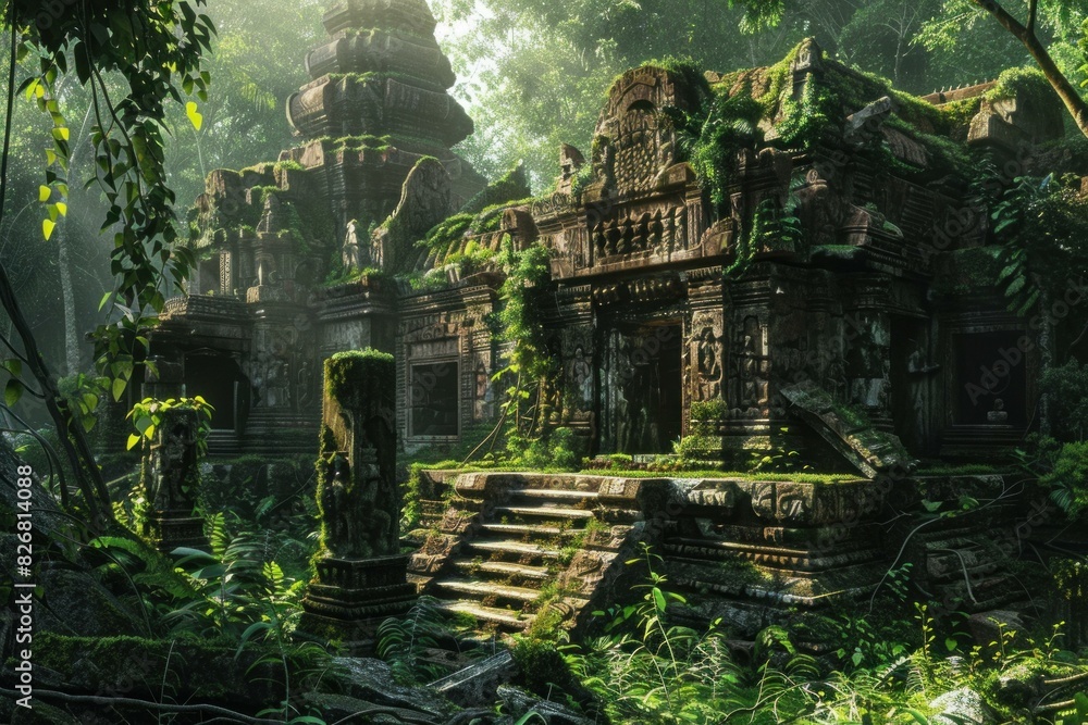 Exploring the ancient, mystical, and overgrown enchanted forest temple ruins surrounded by lush ...