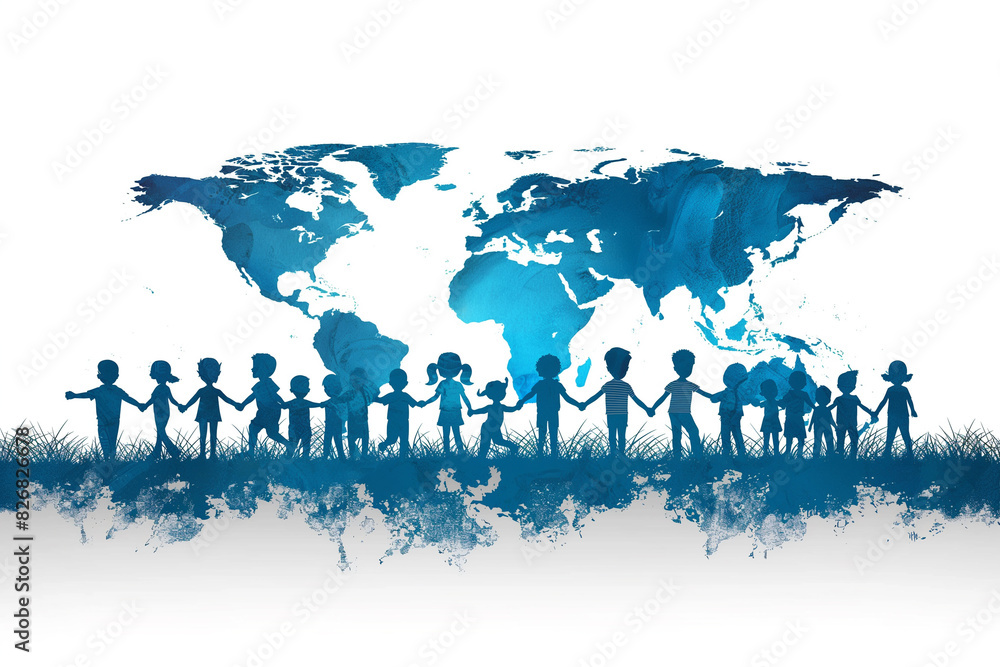 Vector illustration of children holding hands, standing in front of the ...