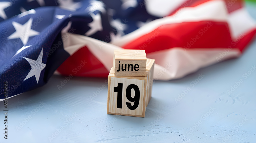 Cute wooden blocks calendar with 'June 19' date, surrounded by US flag ...