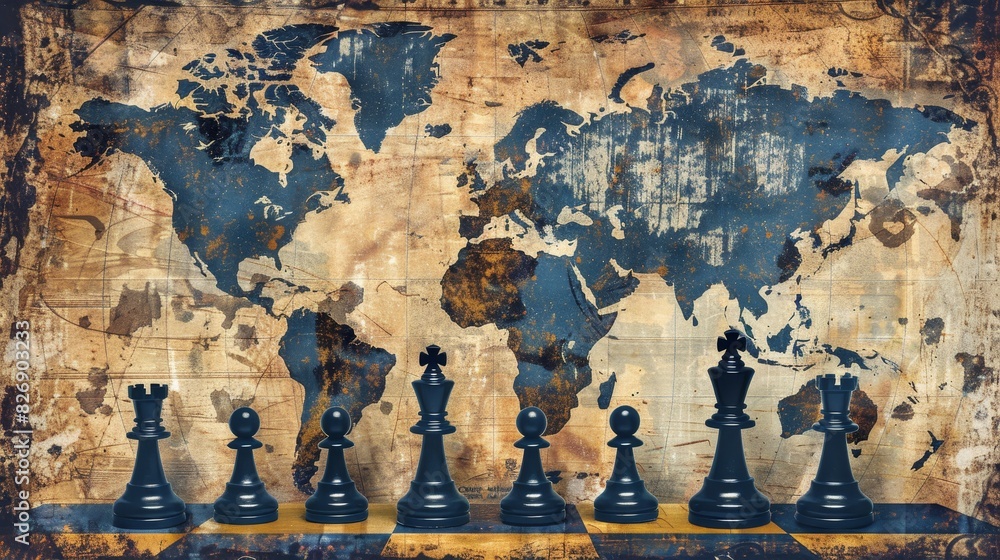Black chess pieces with distressed world map - A dark set of chess ...