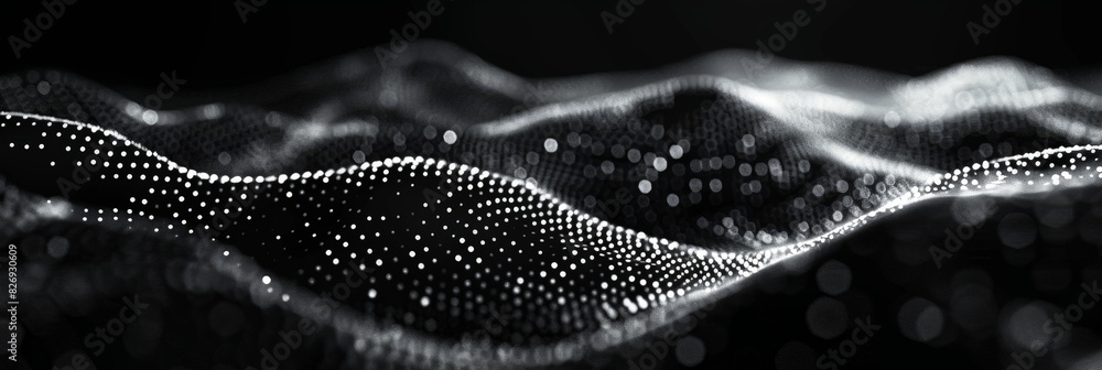 black background with white lines wave dots representing digital binary data. Concept for big ...
