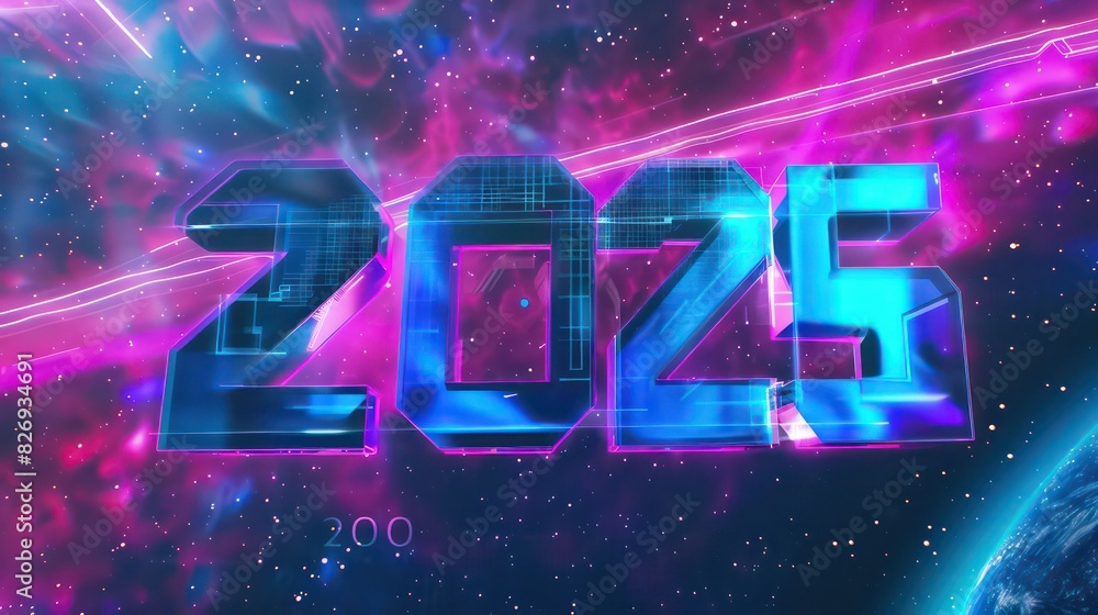 "2025" in vibrant blue and pink and purple overlayed on a digitized ...