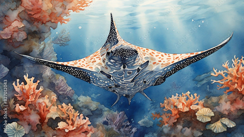 Watercolor painting: A spotted eagle ray gliding through a coral reef ...