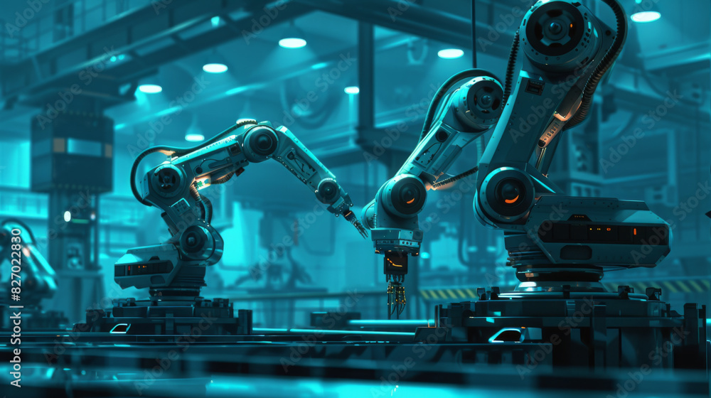 Futuristic blue robotic arms engaging in manufacturing tasks during ...