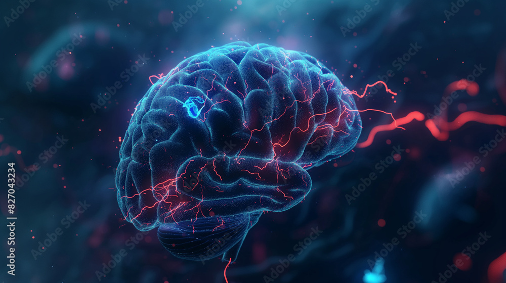 X-ray scanner art of the human brain with electrical impulses around it ...