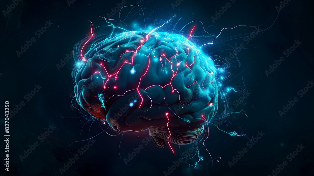 X-ray scanner art of the human brain with electrical impulses around it ...