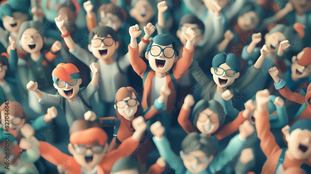 Joyful animated crowd of cheering characters raising their fists in a ...