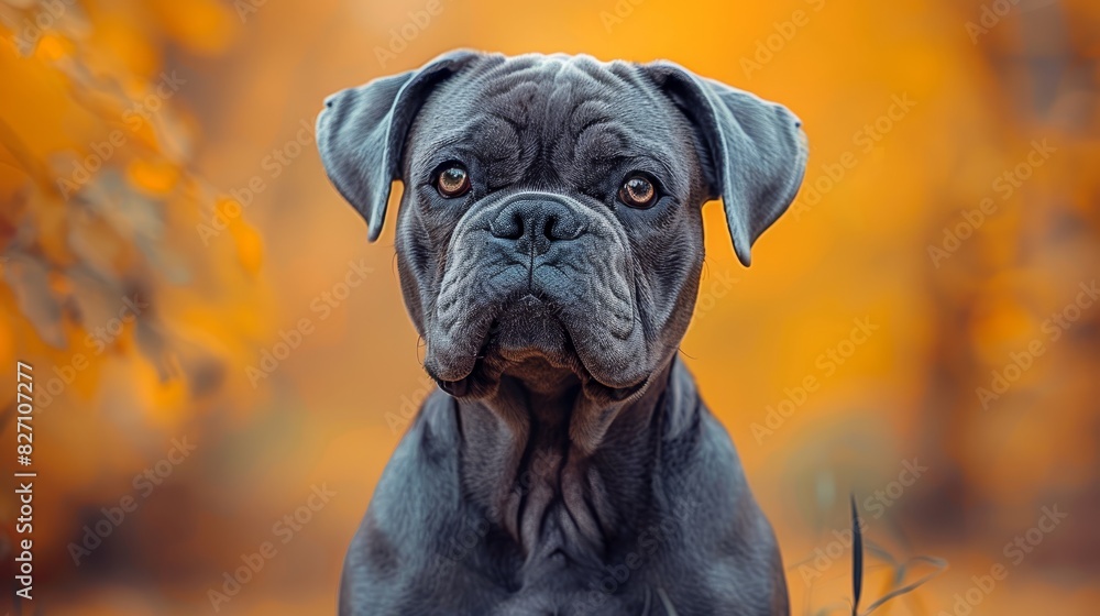 A tight shot of a dog's face, background blurred with trees and leaves ...