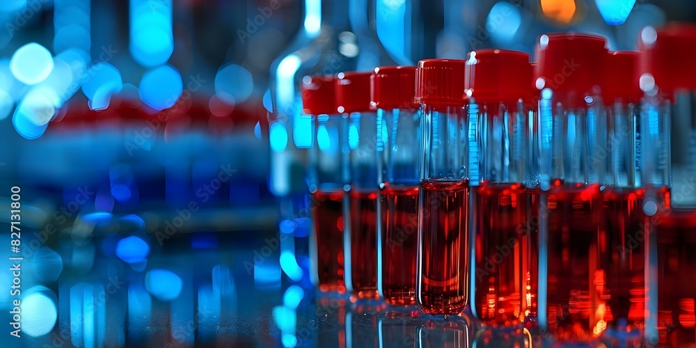 Red liquid-filled test tubes with caps in a laboratory setting. Concept ...