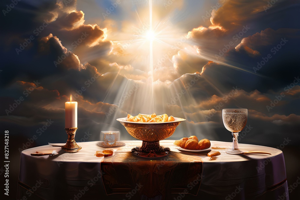 Eucharist. Table symbolizing Lord's supper with sacred chalice and host ...