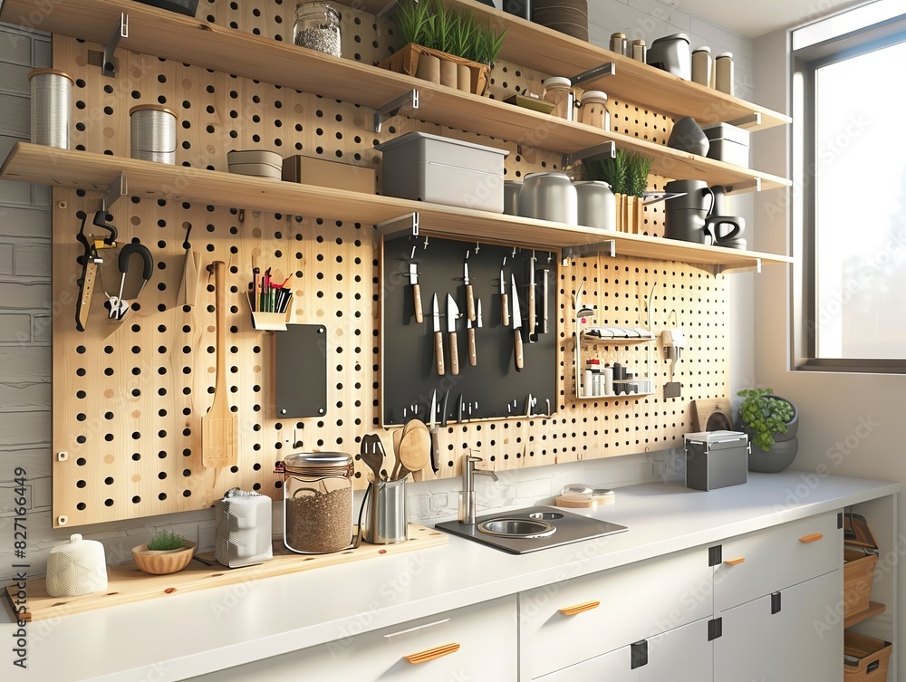 Design a customizable workspace featuring a pegboard with various hooks ...