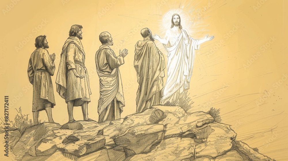 Biblical Illustration of Jesus Transfiguration on Mountain, Peter ...