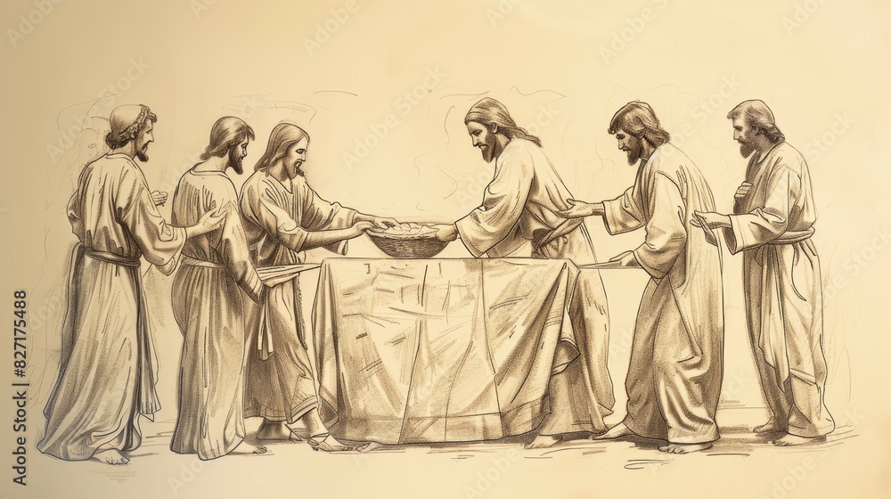 Biblical Illustration of Jesus Feeding Multitude with Seven Loaves and ...