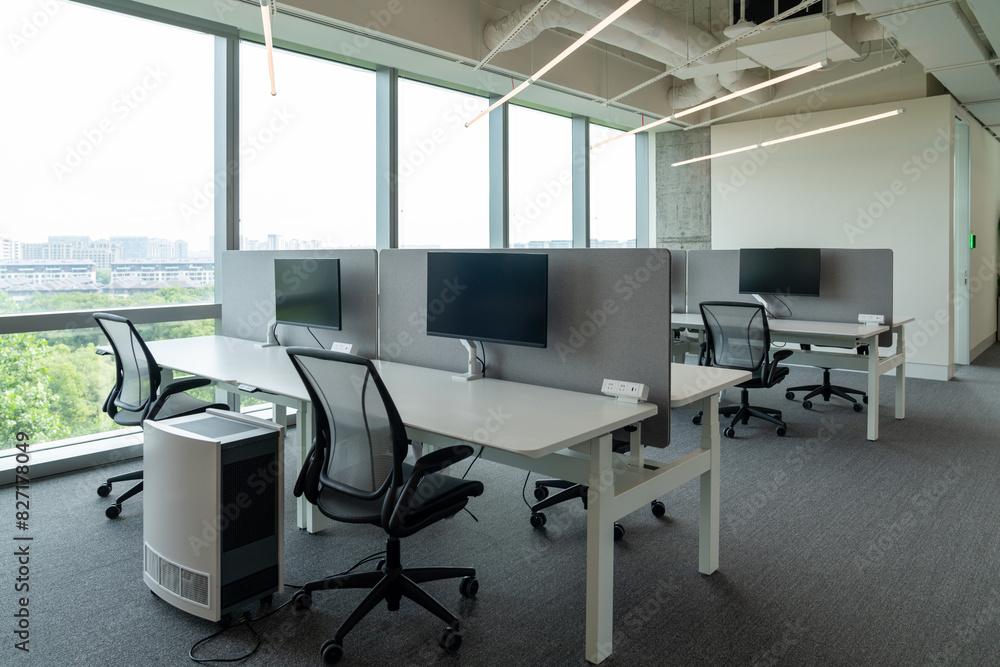Interior of modern empty office building.Open ceiling design.Equipped ...