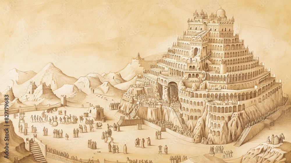 Biblical Illustration of Tower of Babel, People Building, Language ...