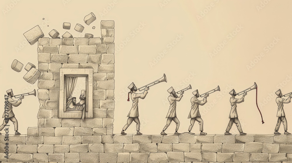 Biblical Illustration of Walls of Jericho Falling as Israelites March ...