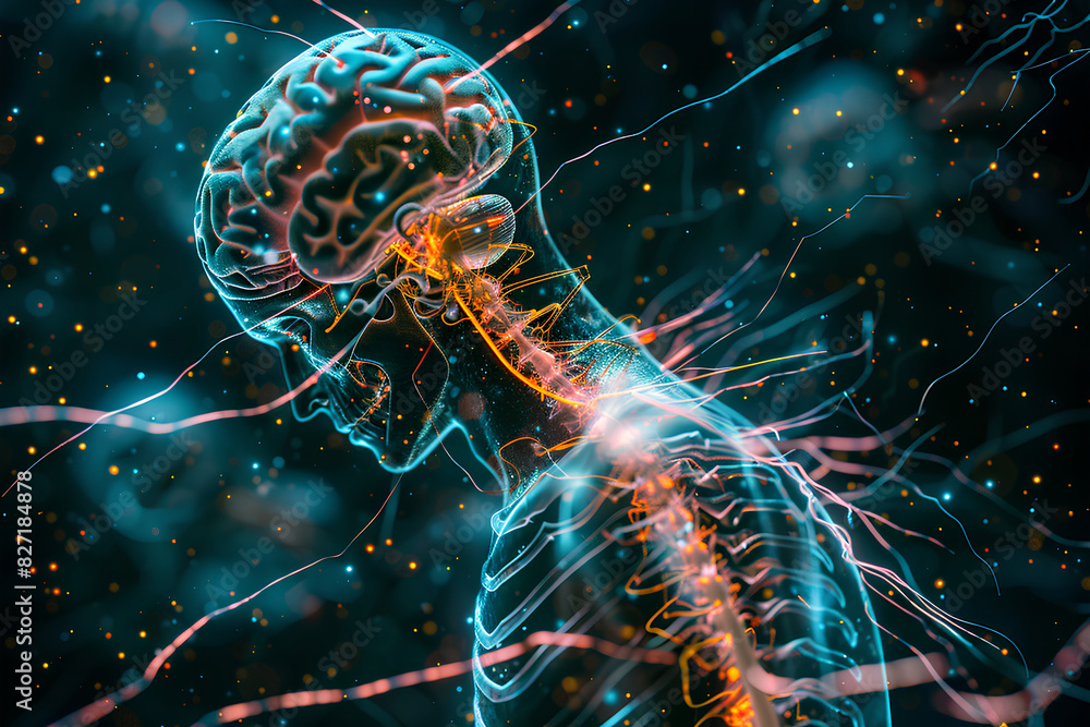 Nervous system, human, nerve cells, neon, vector, 3d rendering Stock ...