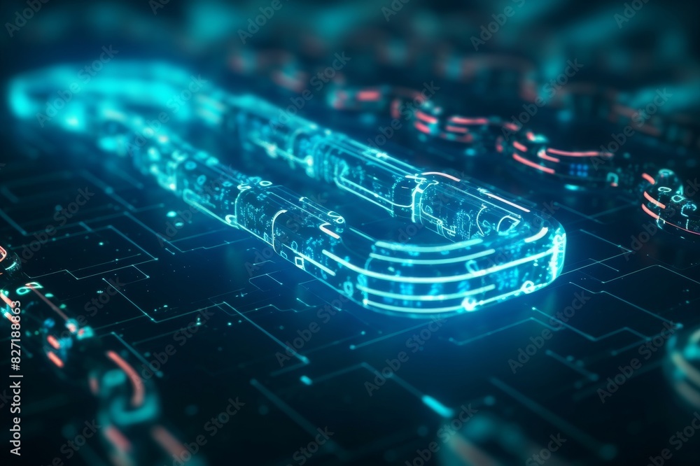 digital chain link hologram on future tech background. productivity ...