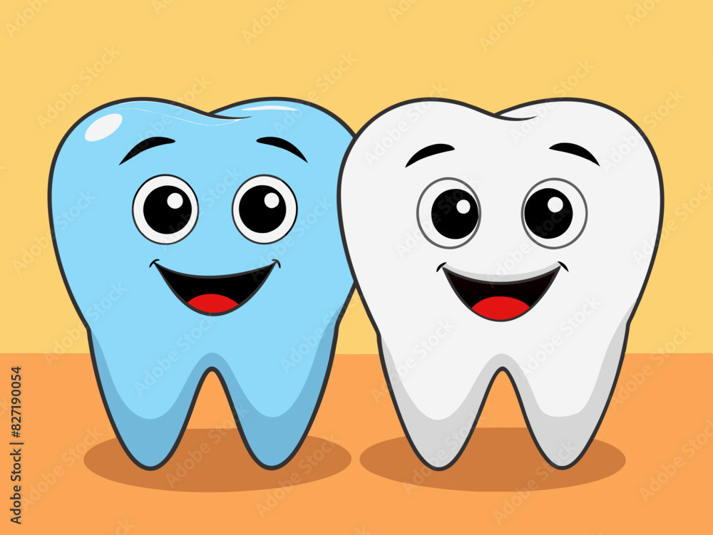 Pair of smiling tooth characters against a beaigr background. Friendly ...