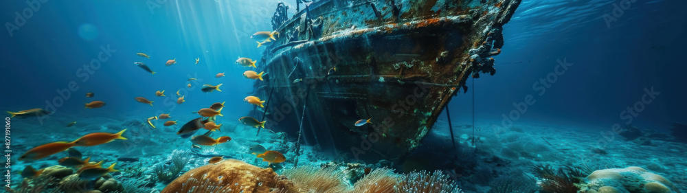 Sunken Shipwreck with Fish Swimming, Underwater Scene, Marine Life ...