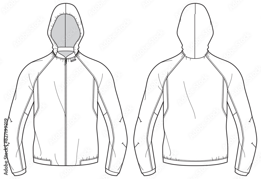 Tech shell Bomber Hoodie jacket design flat sketch Illustration, Hooded ...