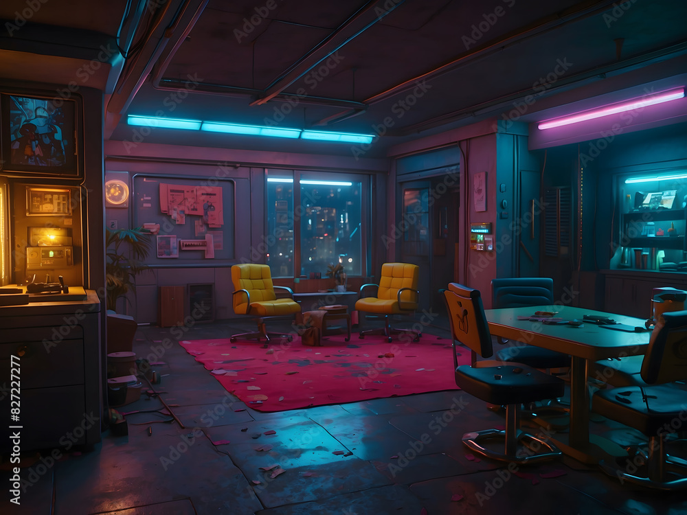 2.5D interior cyberpunk 2077 apartment at night with many shops and ...