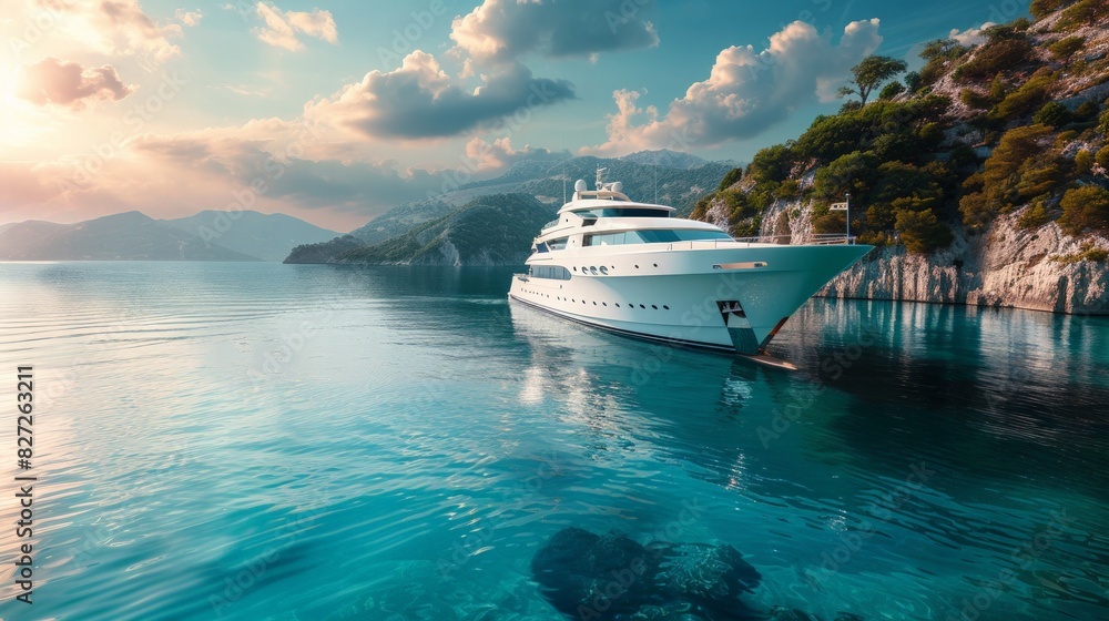 Luxury Yacht: cruising through clear blue waters, with a focus on its ...