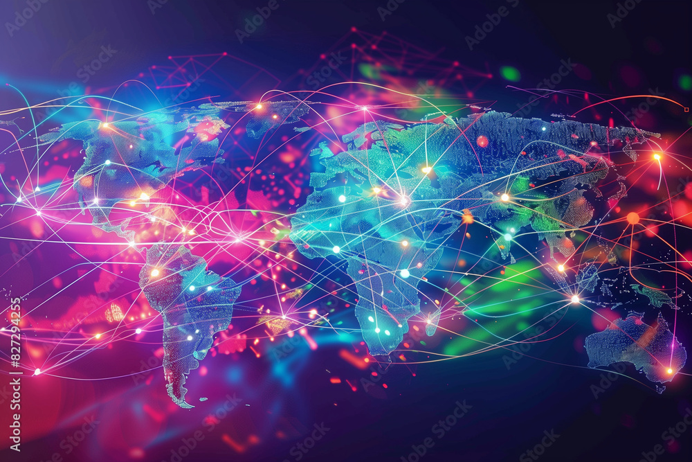 Glowing lines and dots on a vibrant world map in the photo depict digital connections spanning ...